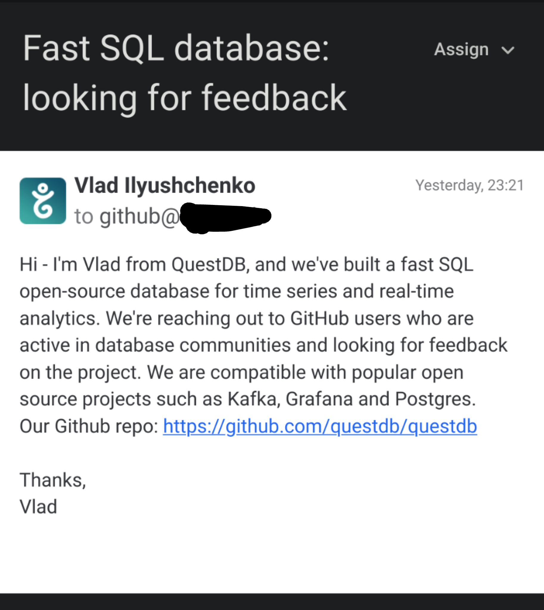Stop sending spam mails! ⛔ · Issue #1682 · questdb/questdb · GitHub