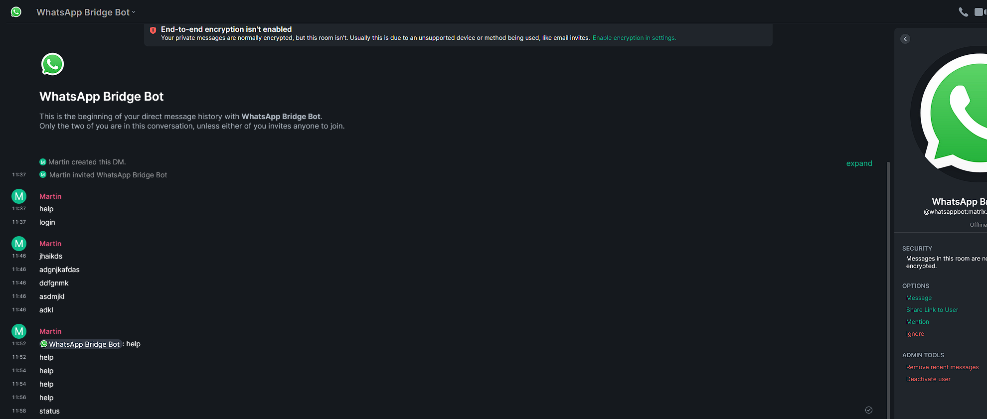 Bridge Bot des not responde anymore · Issue #299 · mautrix/whatsapp · GitHub