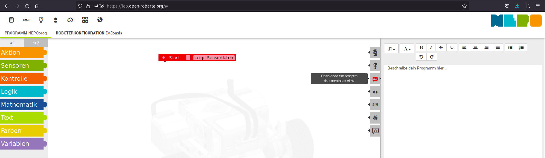 Missing German translation for opening/closing program documentation view for lab language ...