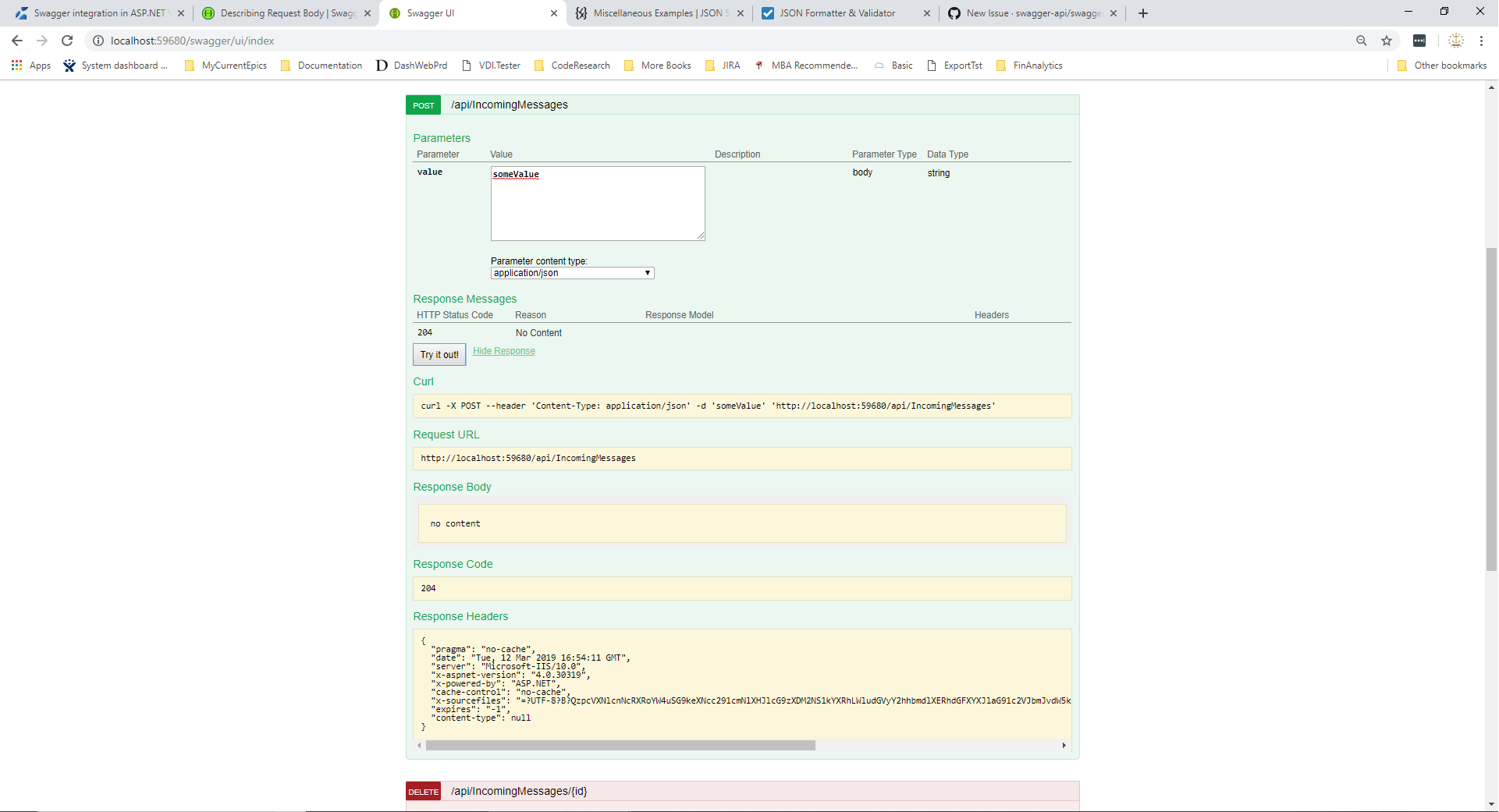 Cant Pass JSON To My POST Function Though Swagger UI Issue 5234