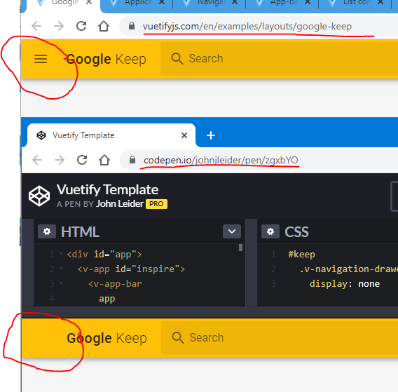 [Documentation] Pre-made layouts codepen examples are missing Navigation drawer hamburger icons ...