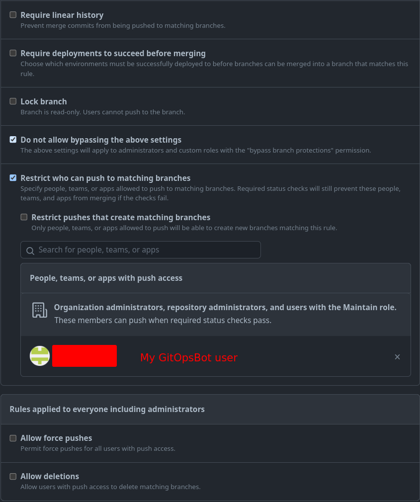 Machine user cannot push to protected `main` branch despite being ...