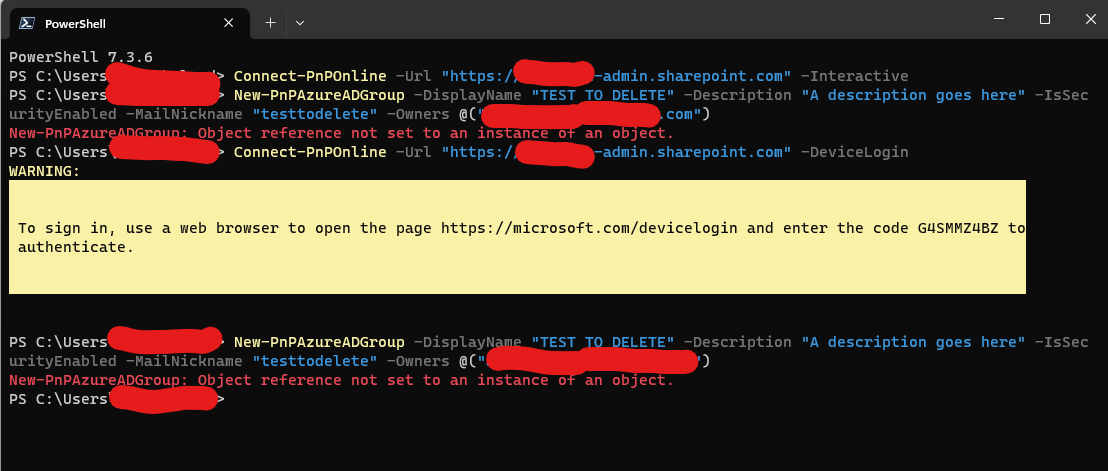 [BUG]-> New-PnPAzureADGroup: Object reference not set to an instance of an object. · Issue #3363 ...