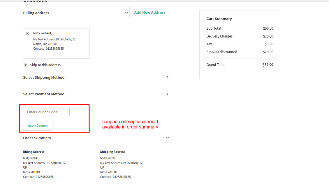 Coupon code option added in payment method step · Issue #2387 · bagisto/bagisto · GitHub