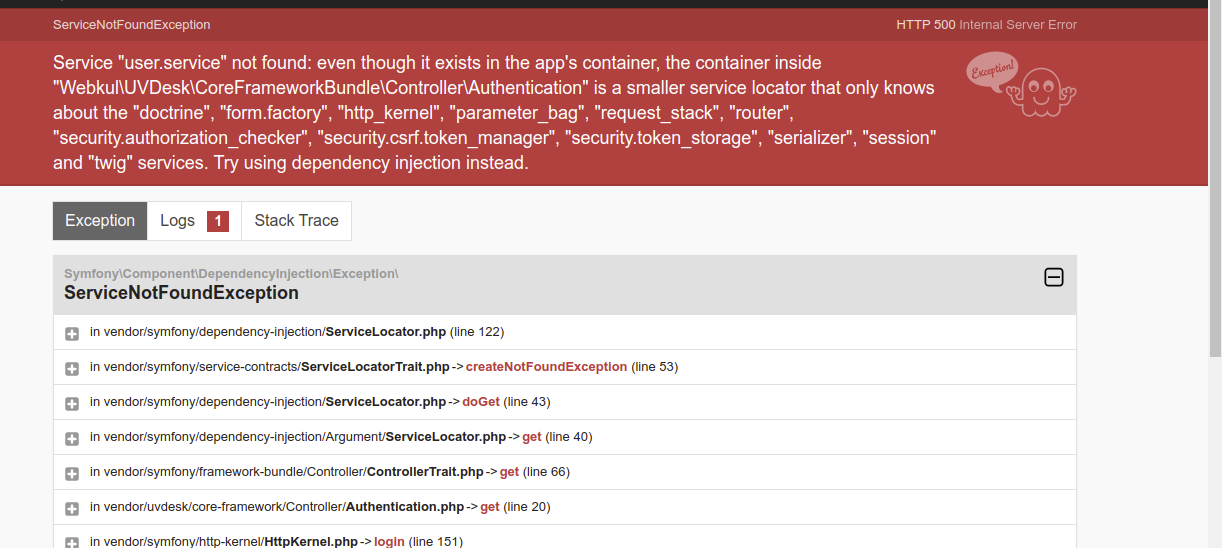 user.service not found exception · Issue #313 · uvdesk/core-framework · GitHub