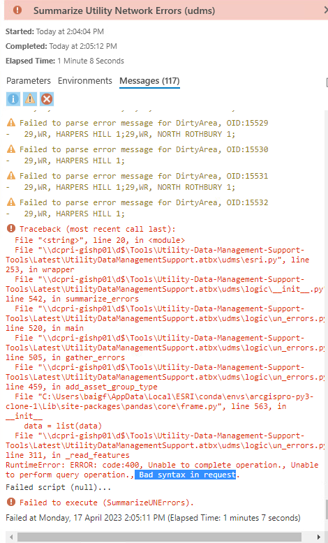 Failed to parse error message for dirty Area · Issue #35 · Esri/Utility-Data-Management-Support ...