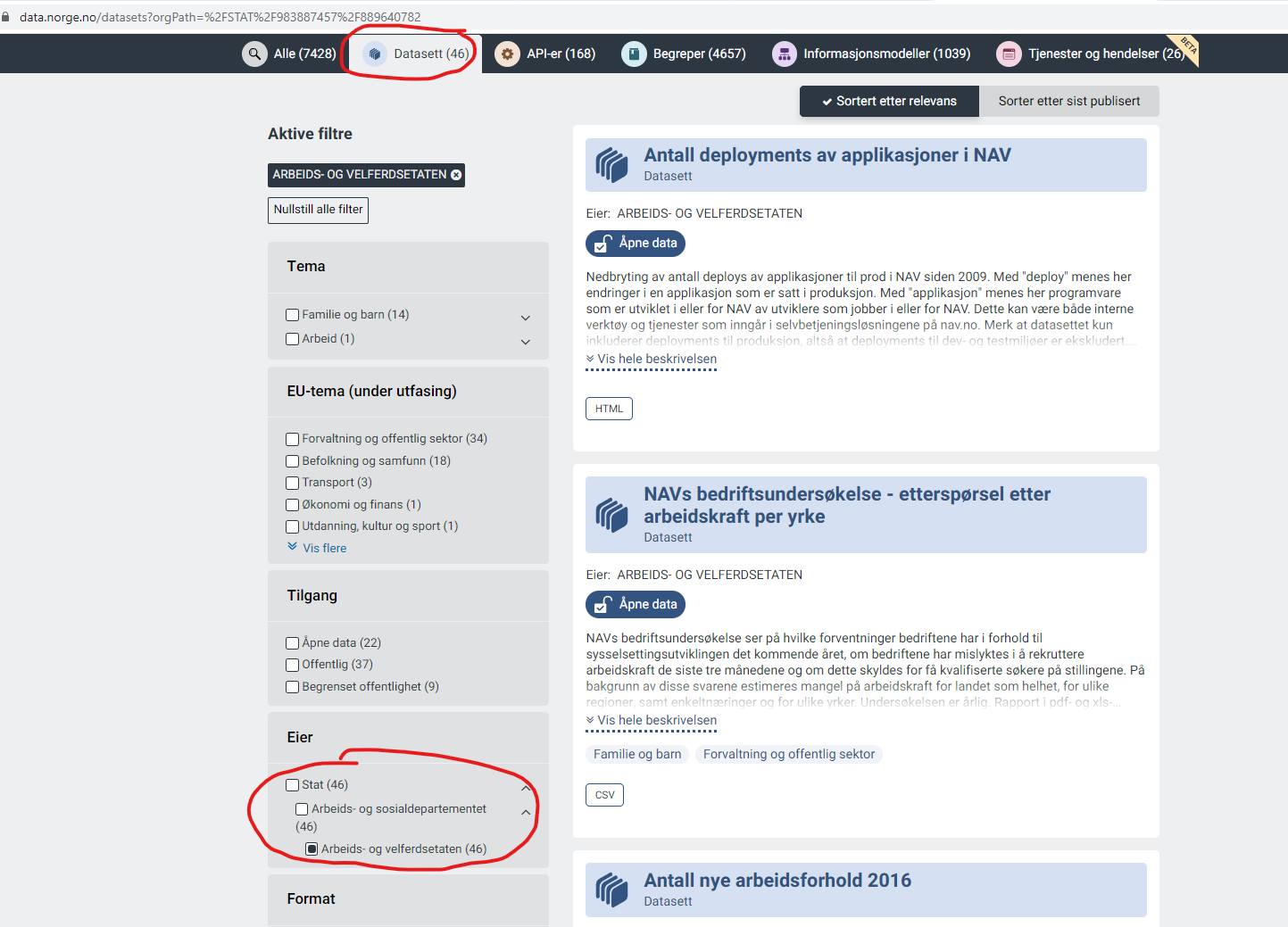 Feil i totalt antall datasettbeskrivelser når man er på siden til en ...