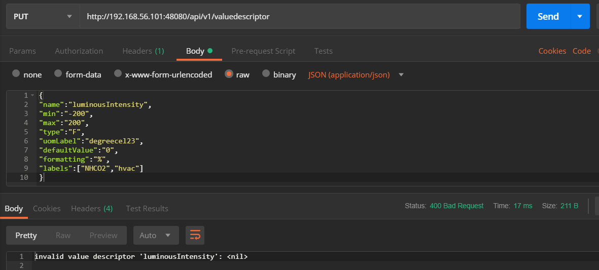 When sending put command with a body which has an invalid formatting string to /valuedescriptor ...