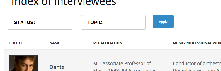 Fix styling for filters on Interviewees page · Issue #37 · MITLibraries/music-oral-history · GitHub