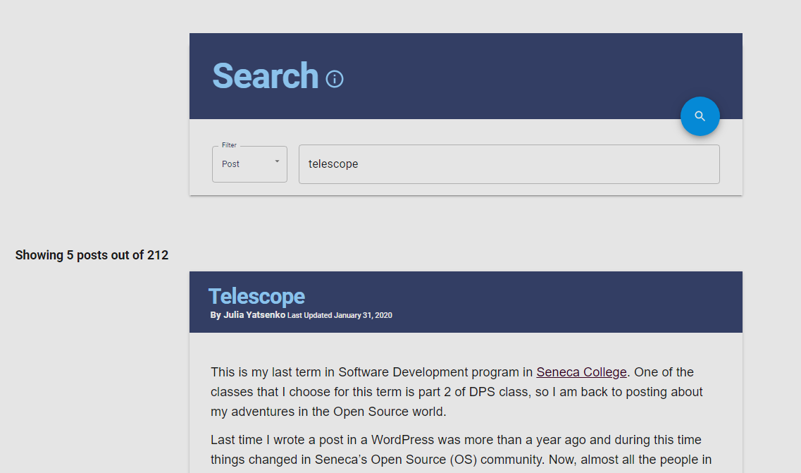 Add search result metrics info to search results · Issue #1408 · Seneca-CDOT/telescope · GitHub