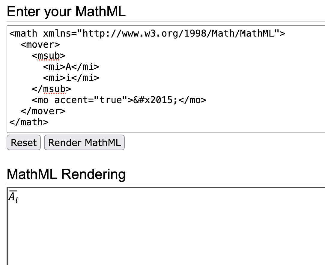 \overline converting to mathml with attribute [accent="true"] causes j ...