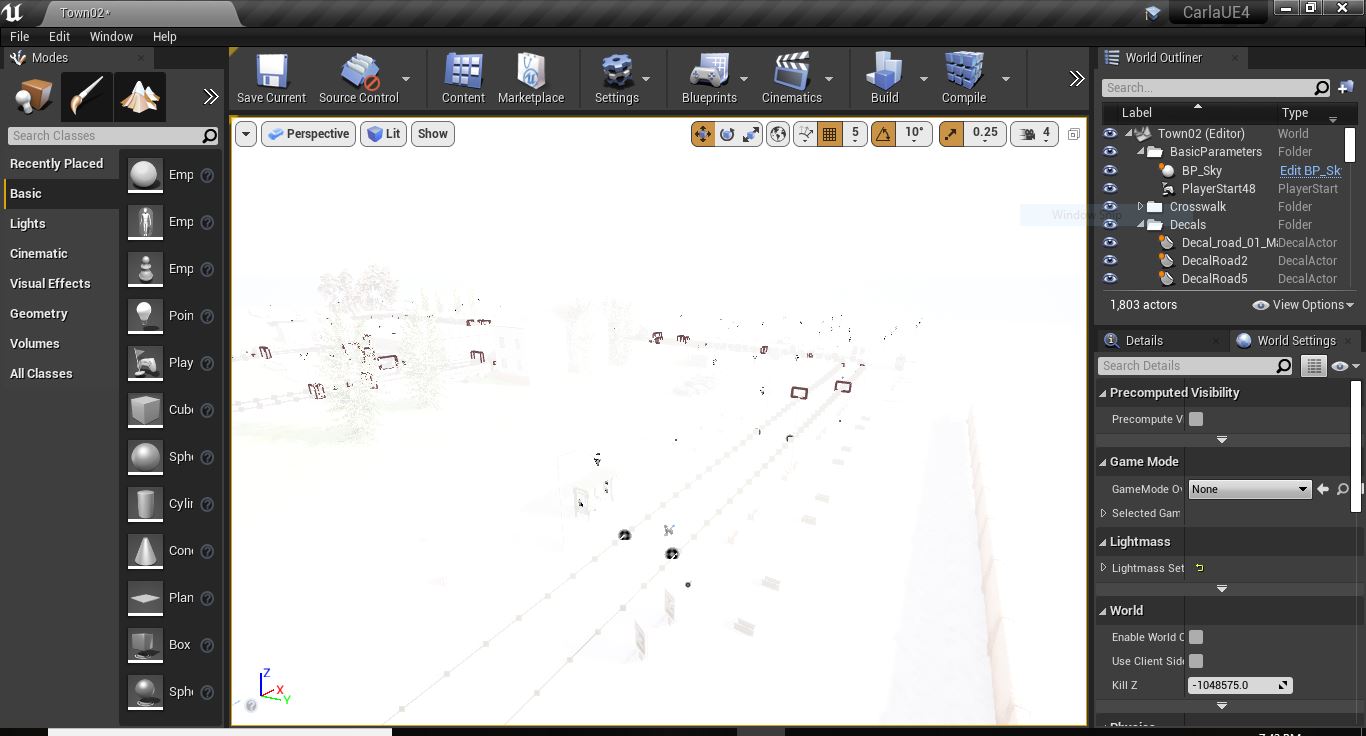 The carla map is just white (too bright) when opened in UE4 editor ...