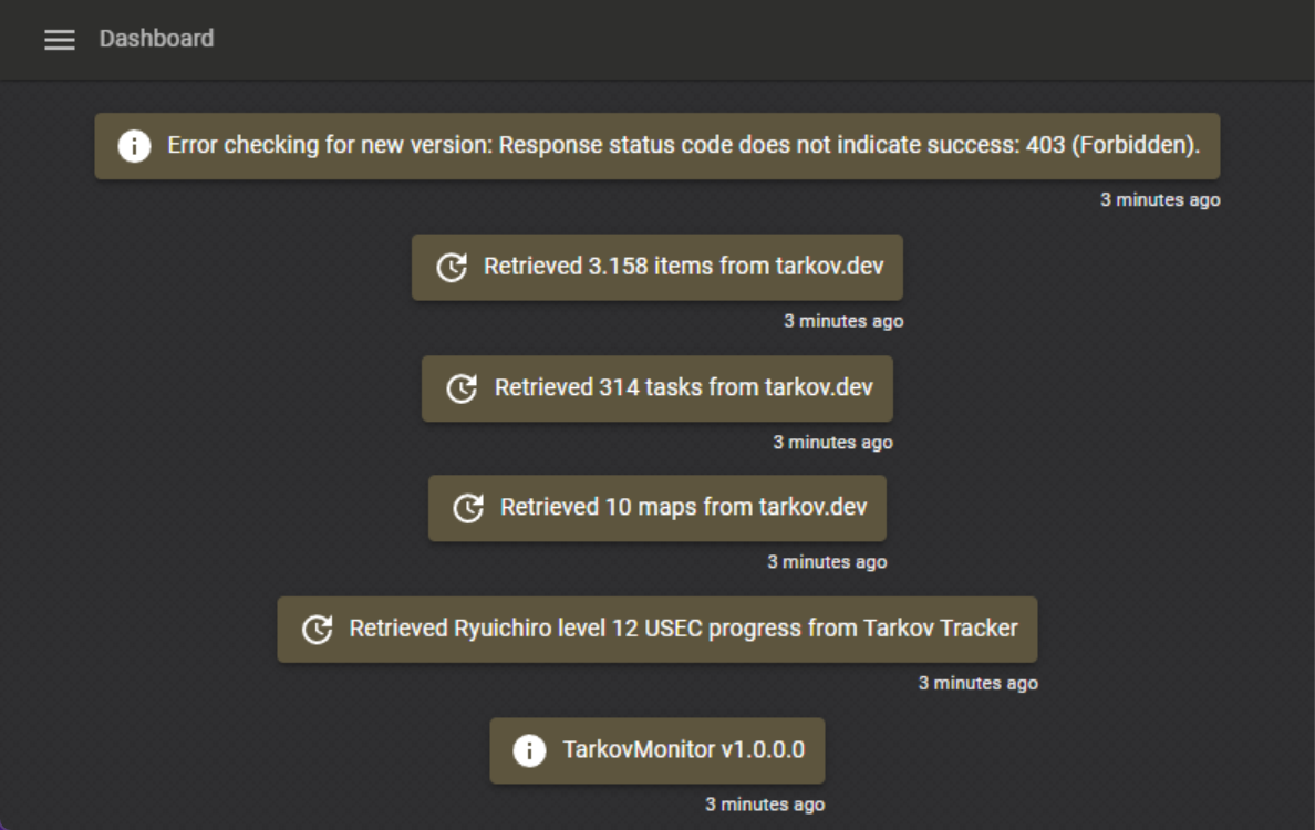 Error checking for new version: 403 (Forbidden) · Issue #27 · the-hideout/TarkovMonitor · GitHub