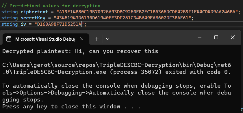 GitHub - leooangeloo/TripleDESCBC-Decryption: C# program to decrypt a ciphertext encrypted with ...