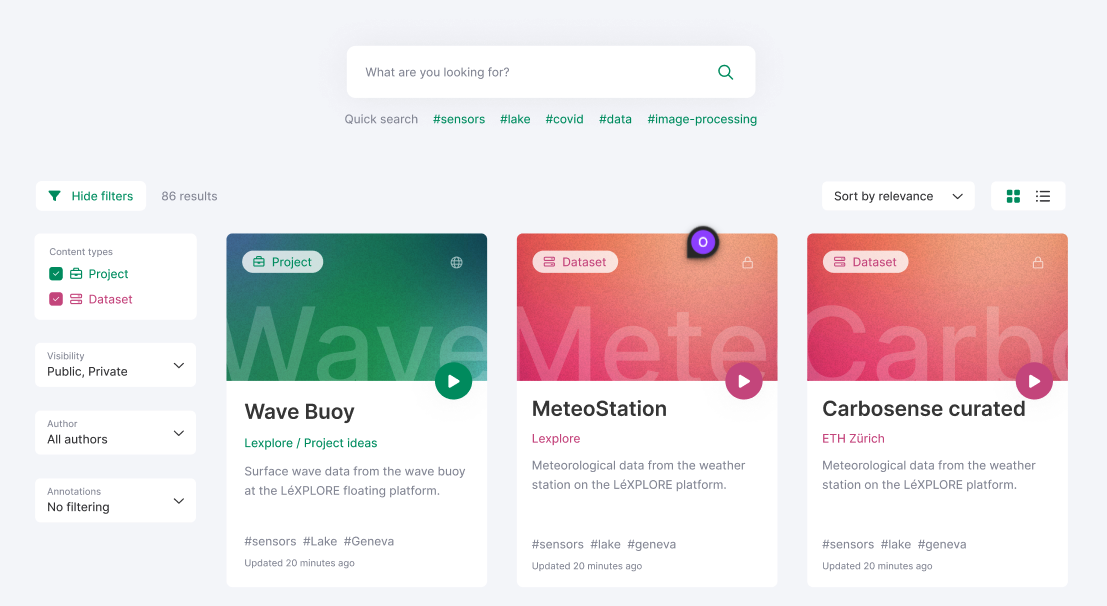 Implement [Project card in landing page and project lists, Dataset cards, Forms] from Coteries ...