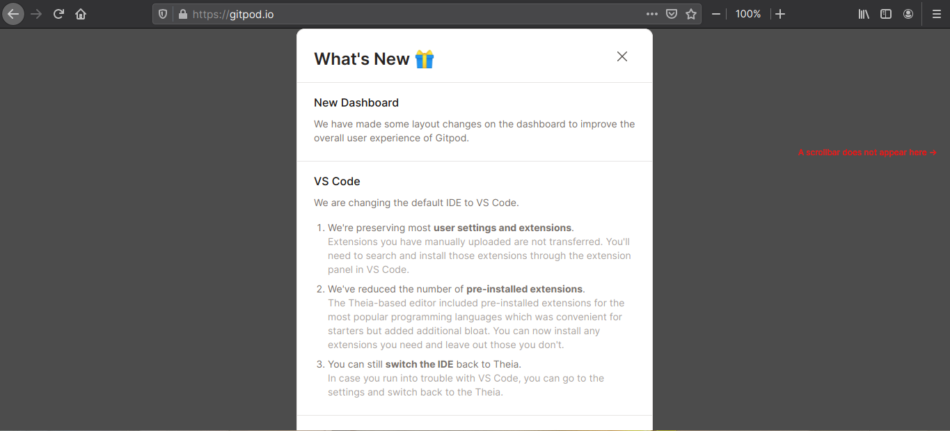 Responsiveness Whats New Popup Is Not Responsive · Issue 3829 · Gitpod Iogitpod · Github