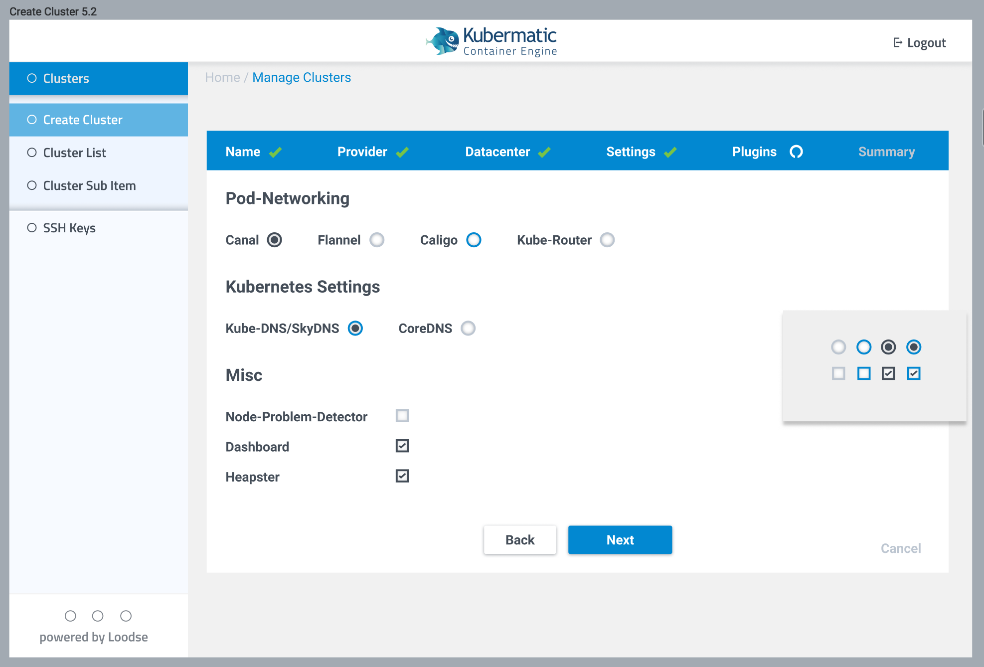 Add wizard step for in cluster plugins · Issue #163 · kubermatic/dashboard · GitHub