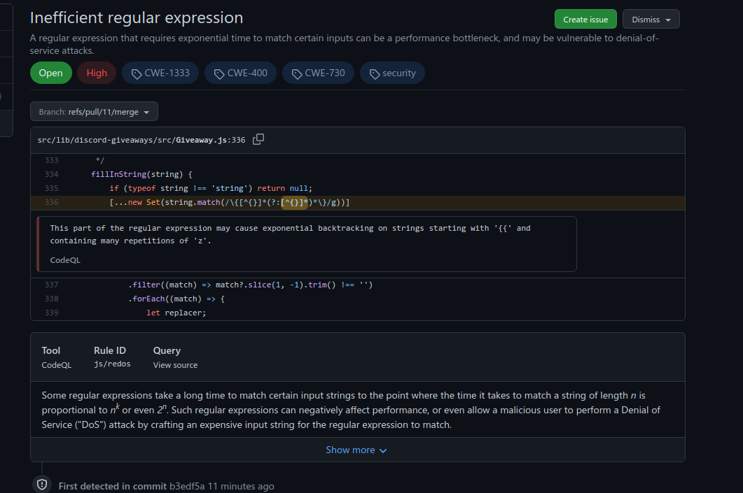 Runaway Regular Expression, possibly catastrophic backtracking · Issue #430 · Androz2091/discord ...