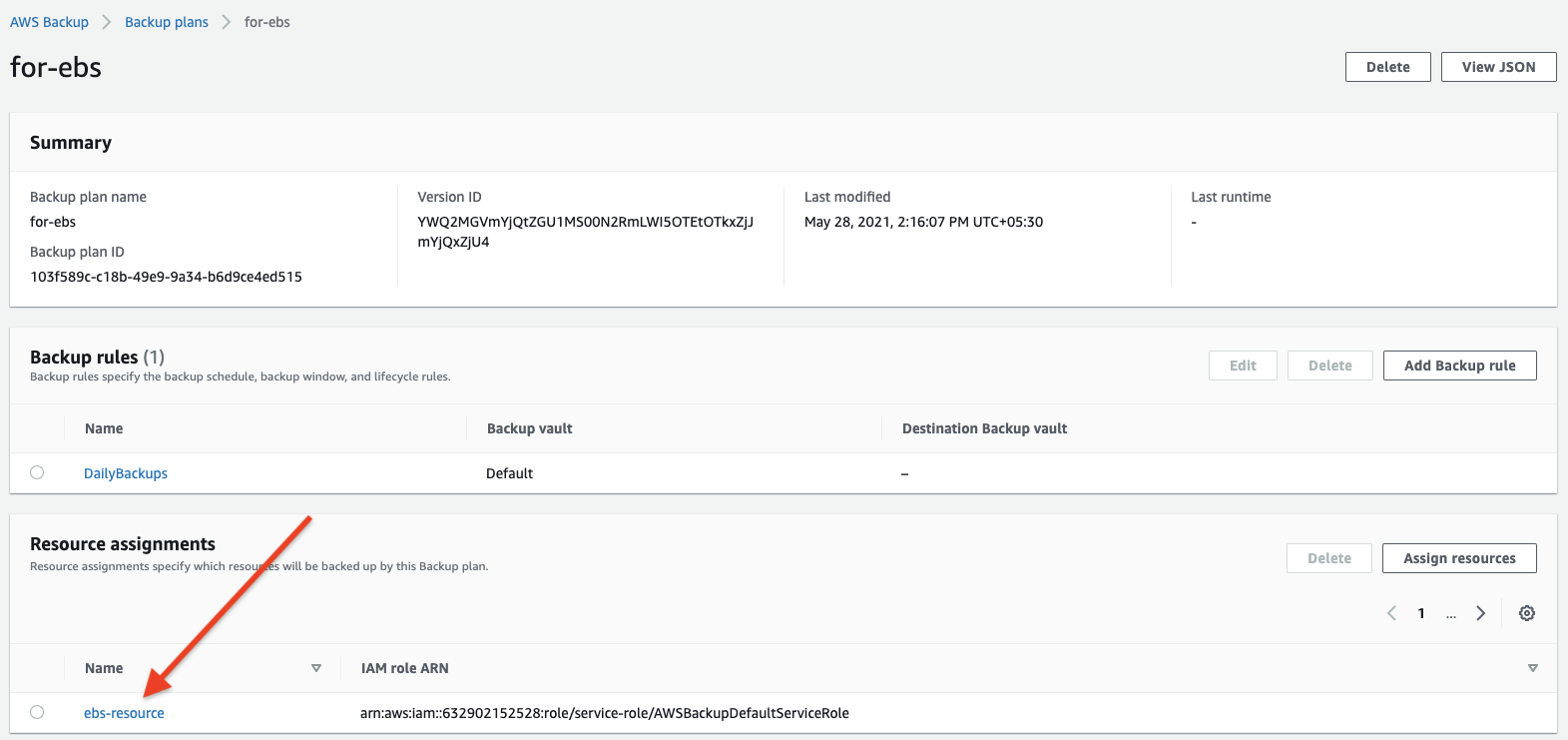 Add resource details(ebs volume/dynamodb table etc) in `aws_backup_plan ...