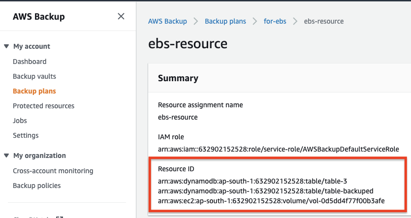 Add resource details(ebs volume/dynamodb table etc) in `aws_backup_plan ...