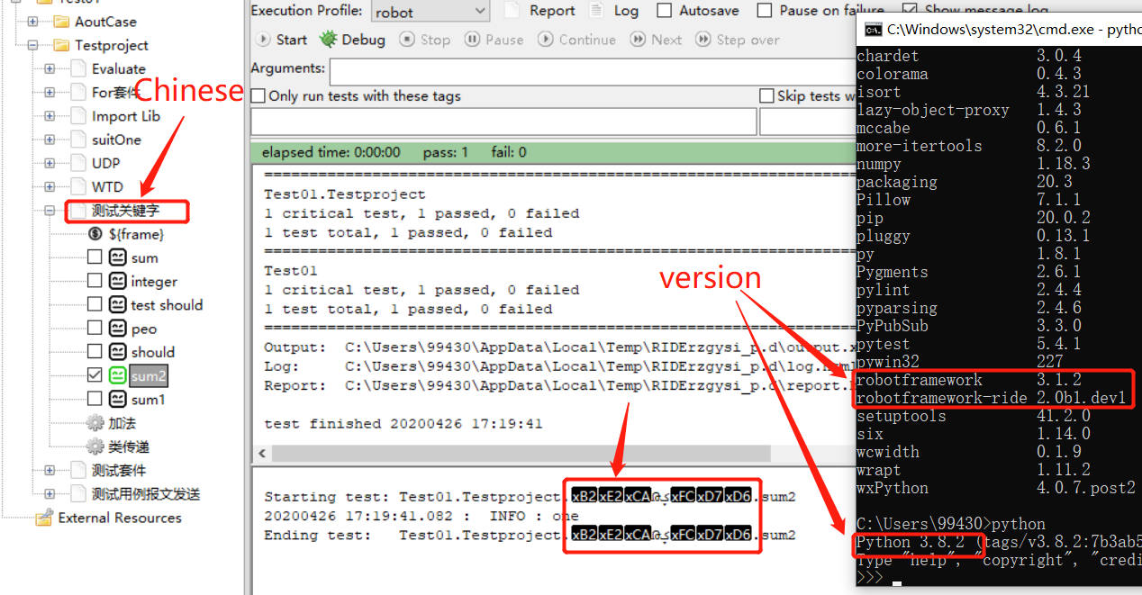 When the name of the test case contains Chinese, the output log shows ...