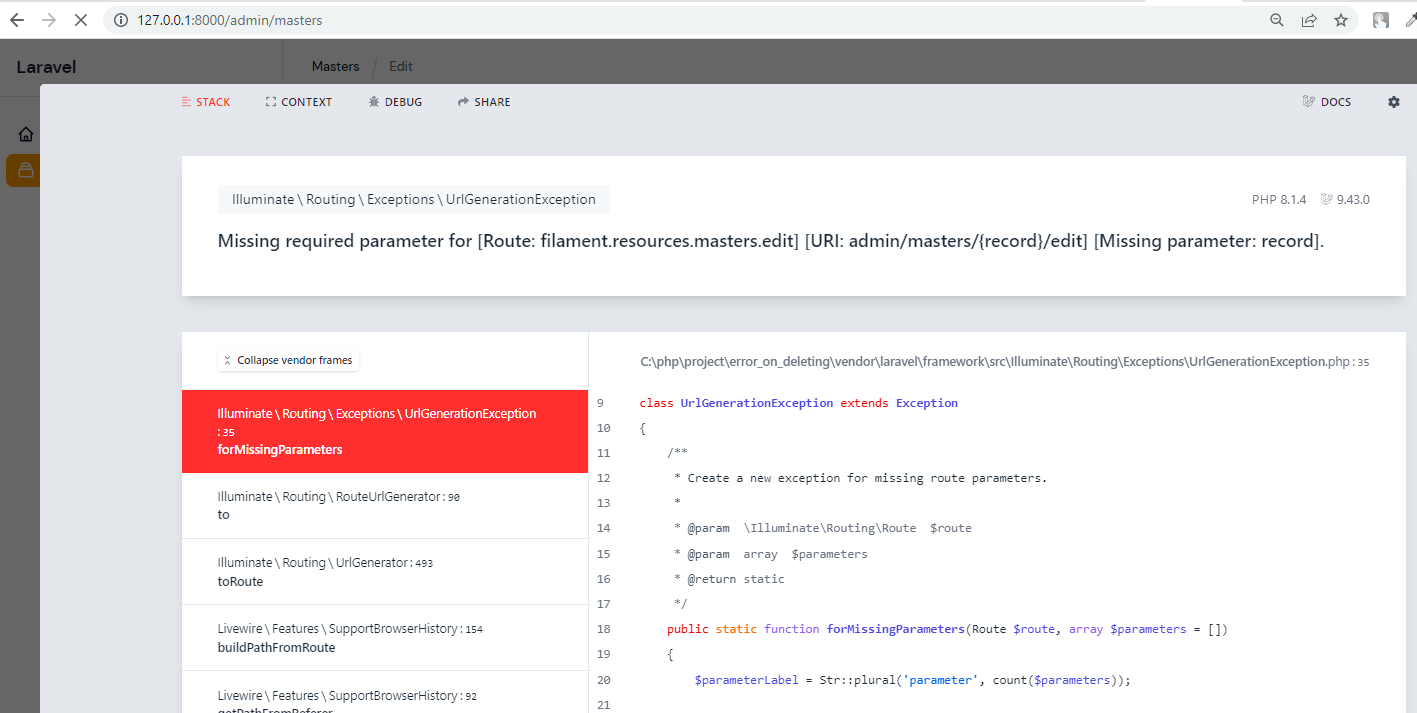 Error on Deleting record (local.ERROR: Missing required parameter /{record}/edit] [Missing ...