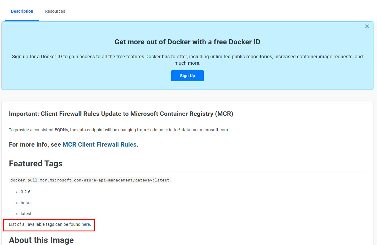 List Of Tags On Dockerhub · Azure Api Management Self Hosted Gateway