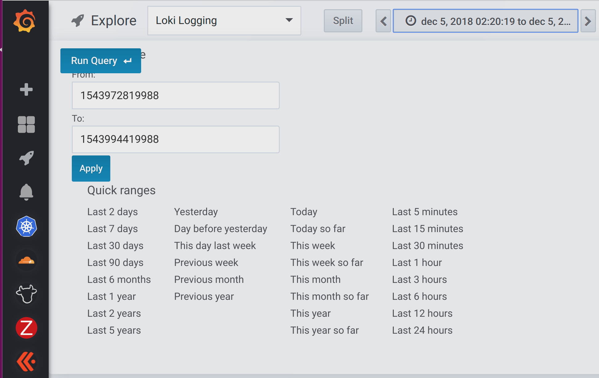 Explore: Scan for older logs sets from and to fields to epochs in the timepicker · Issue #14390 ...