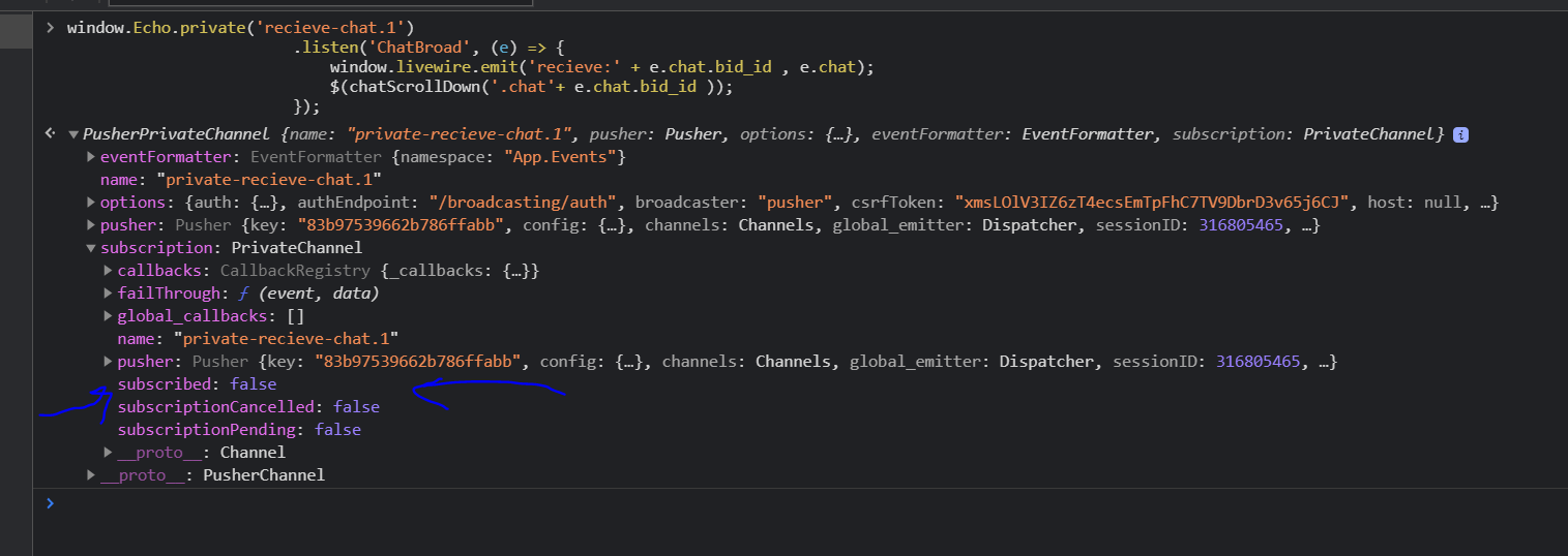 laravel Broadcasting in private channels is not working.( cant subscribe to private channels ...