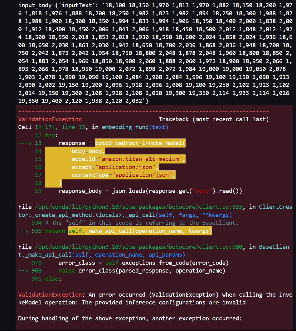 inference configurations are invalid for BedrockEmbeddings models ...