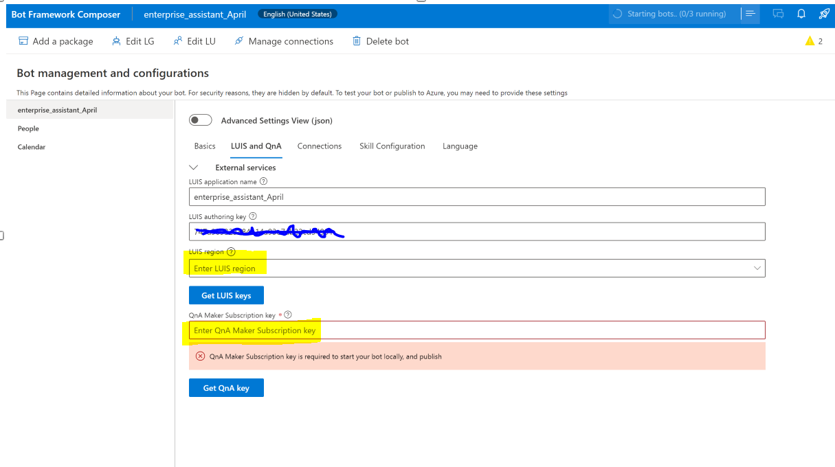 LUIS region & QnA maker subscription key not present when it's been added via pop-up · Issue ...