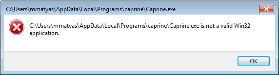 "Not a valid Win32 application" error on 64-bit Windows 7 · Issue #1353 · sindresorhus/caprine ...