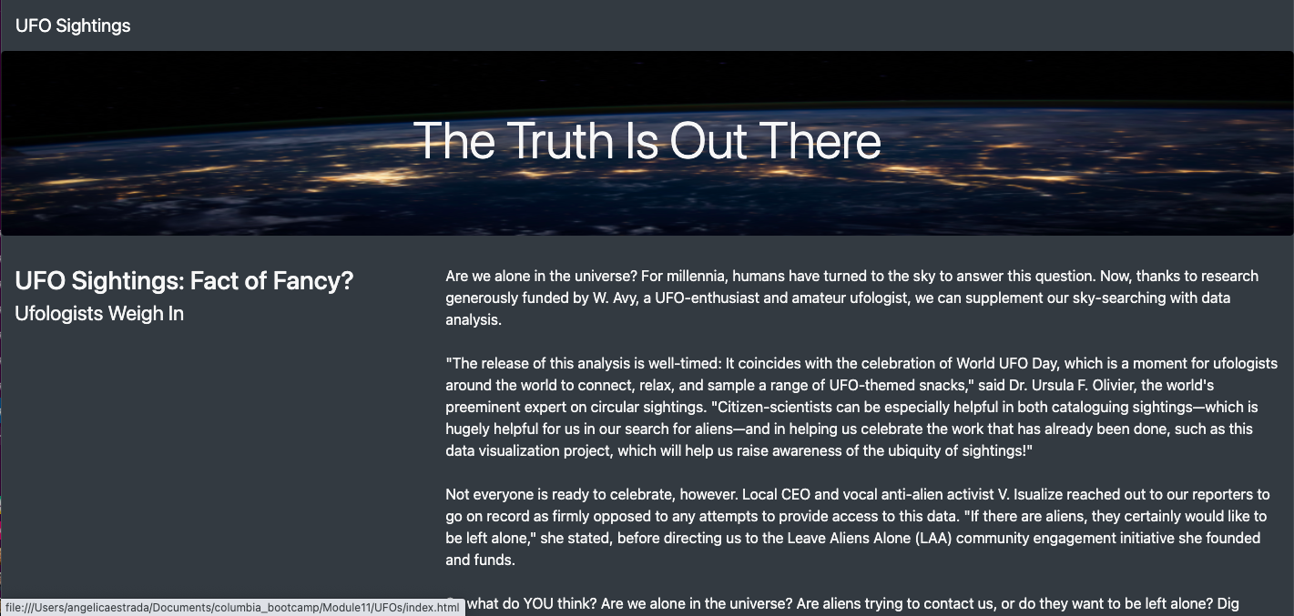 GitHub - Angie1210/UFOs: Use Javascript to create an html file with a dynamic table