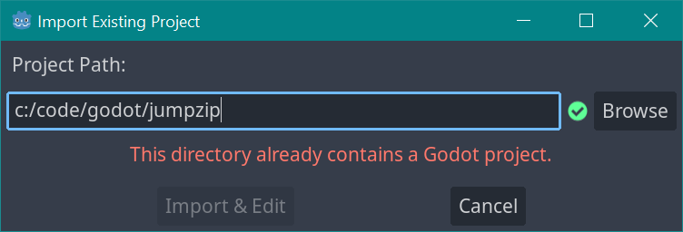 "This directory already contains a Godot project" when inputting a valid path without trailing ...