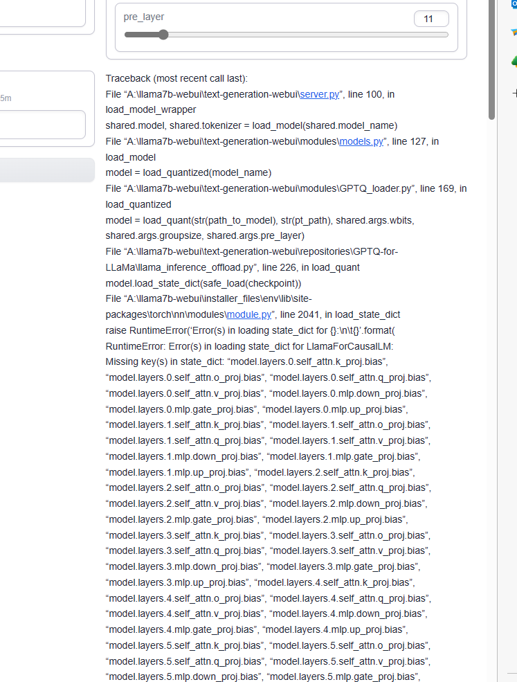 cant load model After quanting the llama 7b to safetensors using gptq · Issue #1381 · oobabooga ...