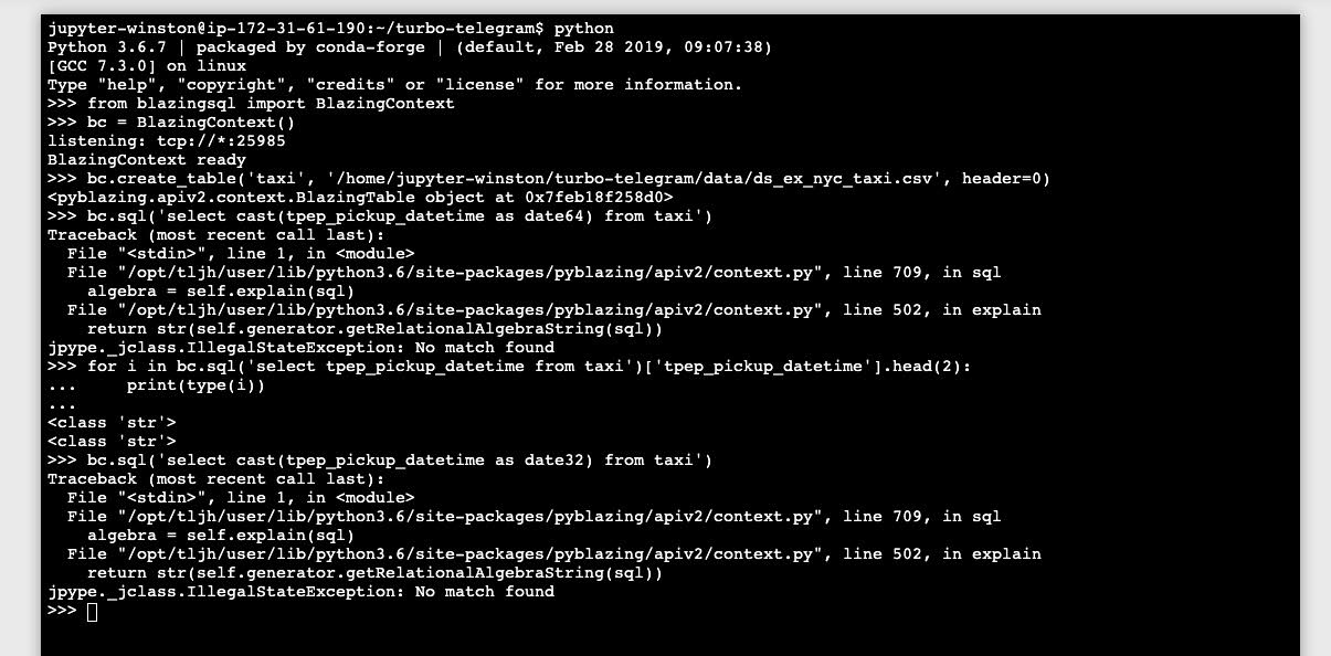 [BUG] Unable to CAST string to DATE32 or DATE64 · Issue #267 · BlazingDB/blazingsql · GitHub