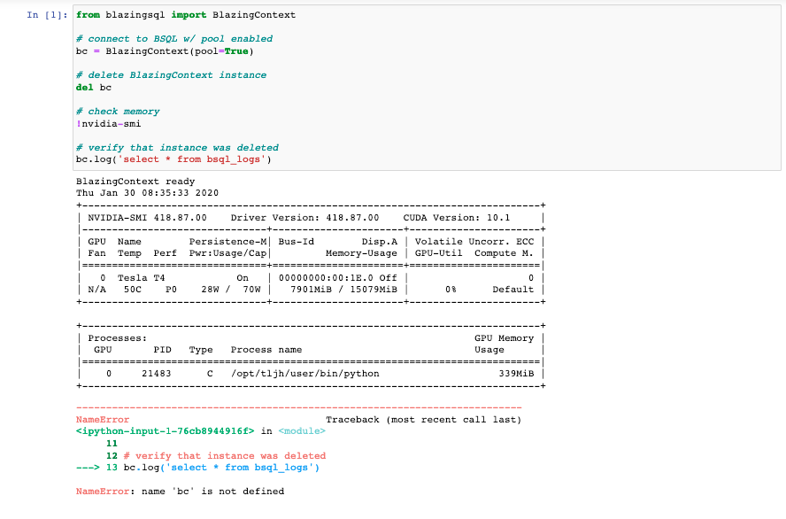 [BUG] BlazingContext is not releasing GPU memory · Issue #310 · BlazingDB/blazingsql · GitHub