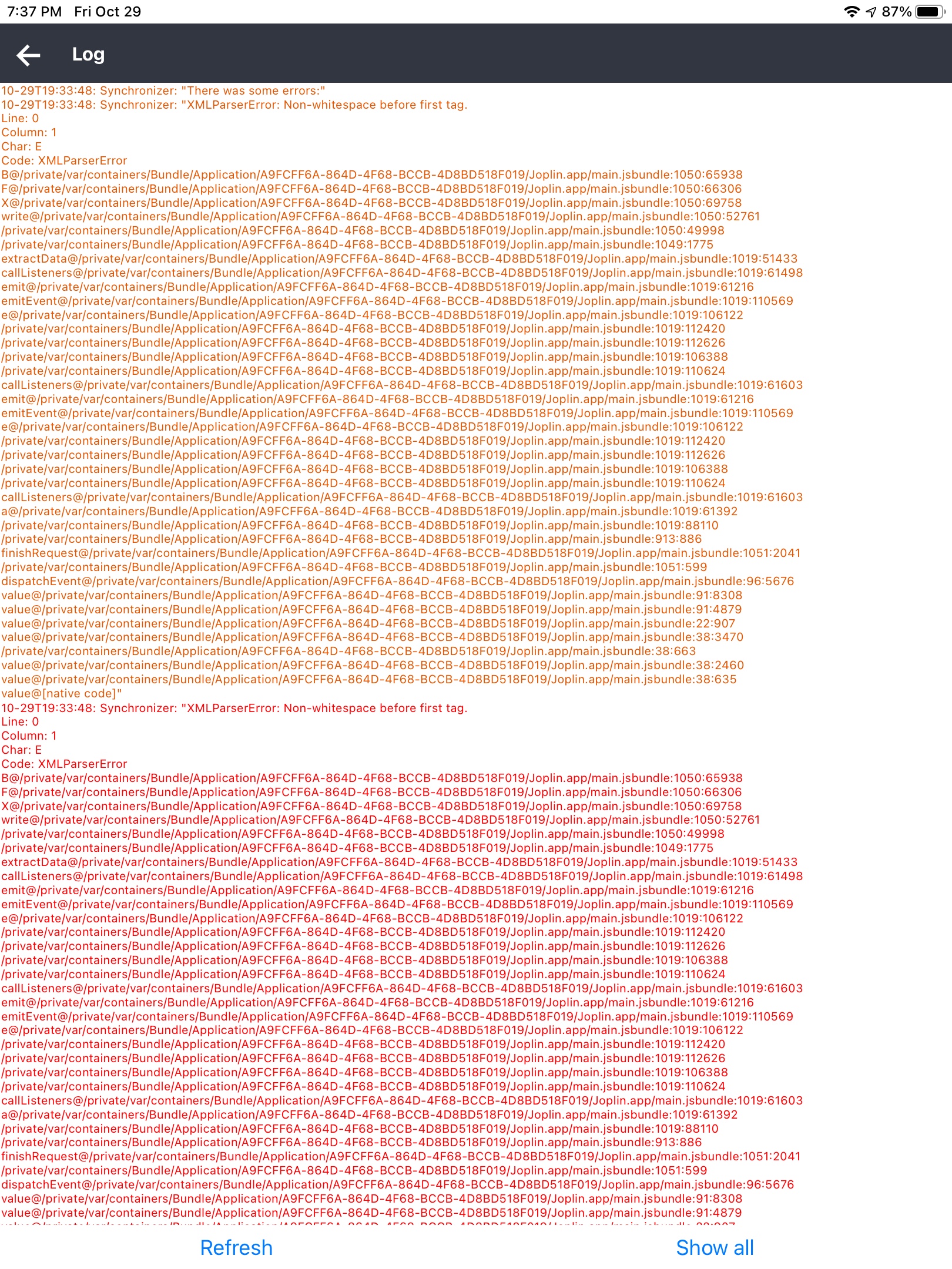 Error on iPad sync - XMLParserError · Issue #5645 · laurent22/joplin · GitHub