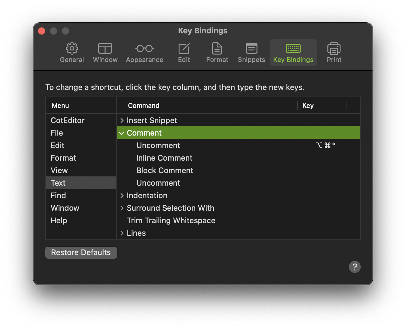 Toggle comment key binding not working · Issue #1473 · coteditor/CotEditor · GitHub