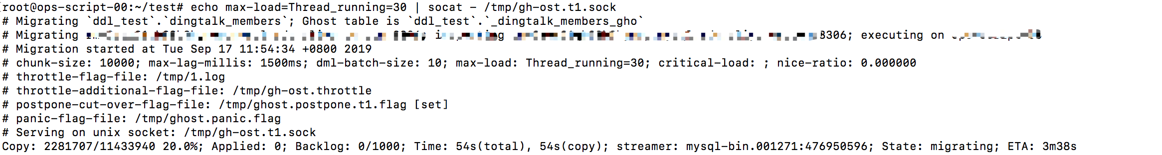 use ”echo max-load=Thread_running=3 | socat - /tmp/gh-ost.t1.sock“ cause process hang · Issue ...
