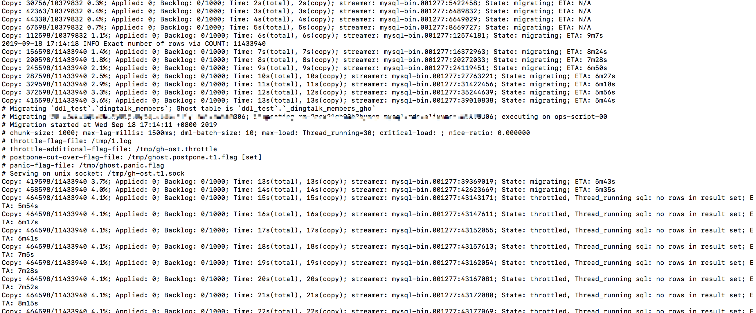 use ”echo max-load=Thread_running=3 | socat - /tmp/gh-ost.t1.sock“ cause process hang · Issue ...