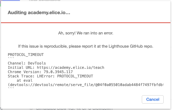 Lighthouse occured error from specific page · Issue #10233 · GoogleChrome/lighthouse · GitHub