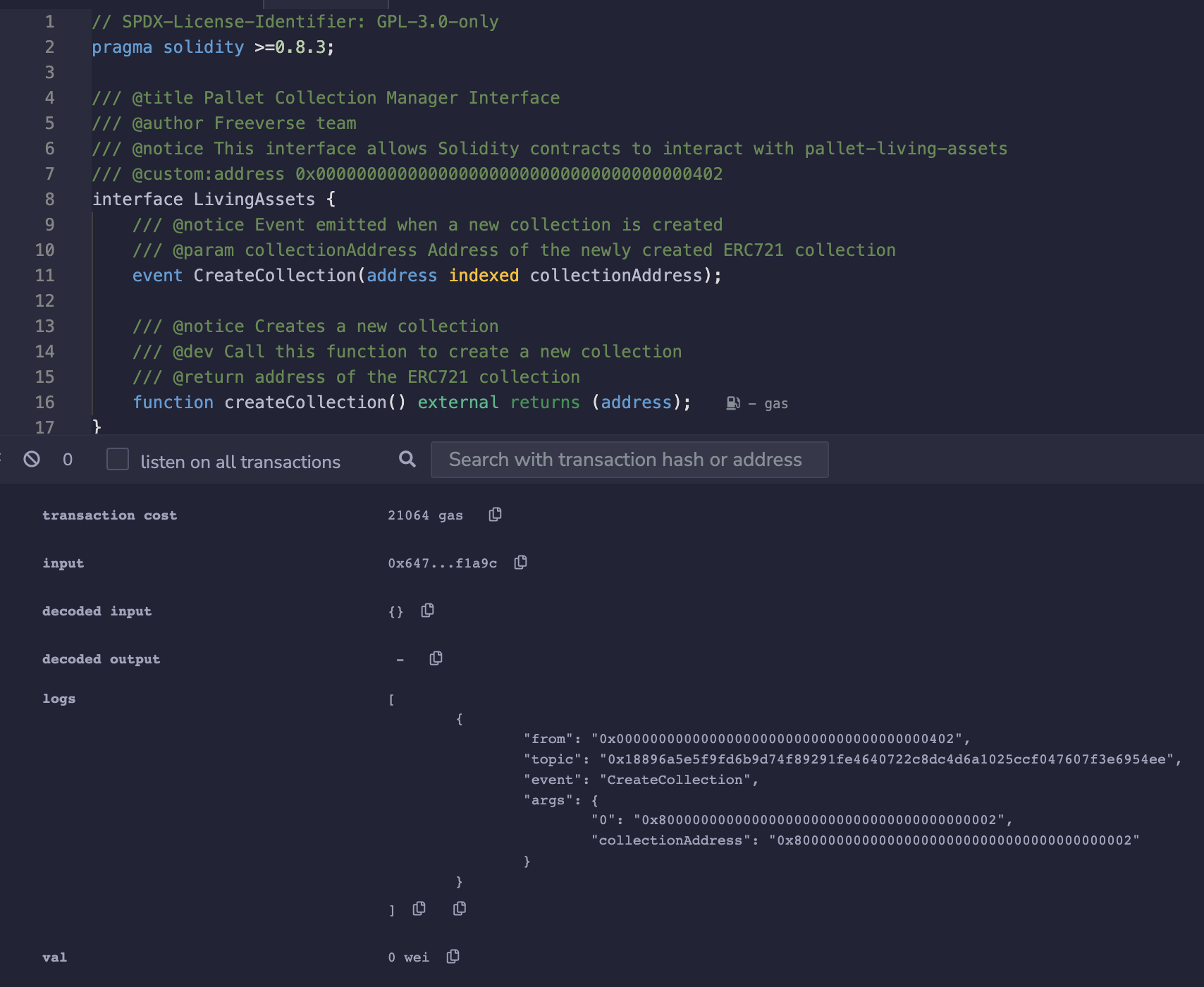 Returned collection address should be in `output`, besides the event · Issue #111 · freeverseio ...