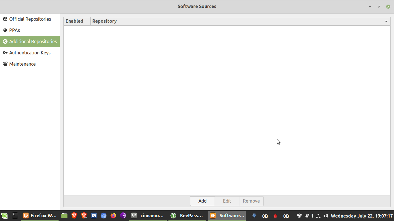 No PPAs & additional repositories in software sources. It is blank after upgrade from 19.3 to 20 ...