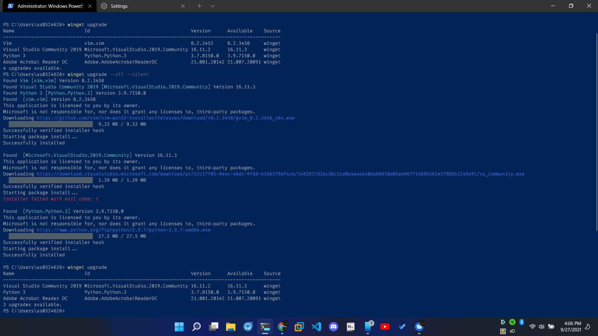 winget upgrade --all | Shows same upgrades after just upgrading all. And will attempt to ...