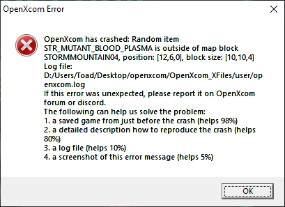 Game crashing when entering a mission, using OpenXcom Extened 5.6.1 and X-Com Files v0.9.9e ...