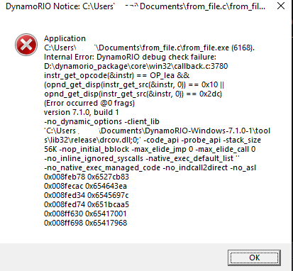 APPCRASH during runtime using a HelloWorld example · Issue #3904 · DynamoRIO/dynamorio · GitHub