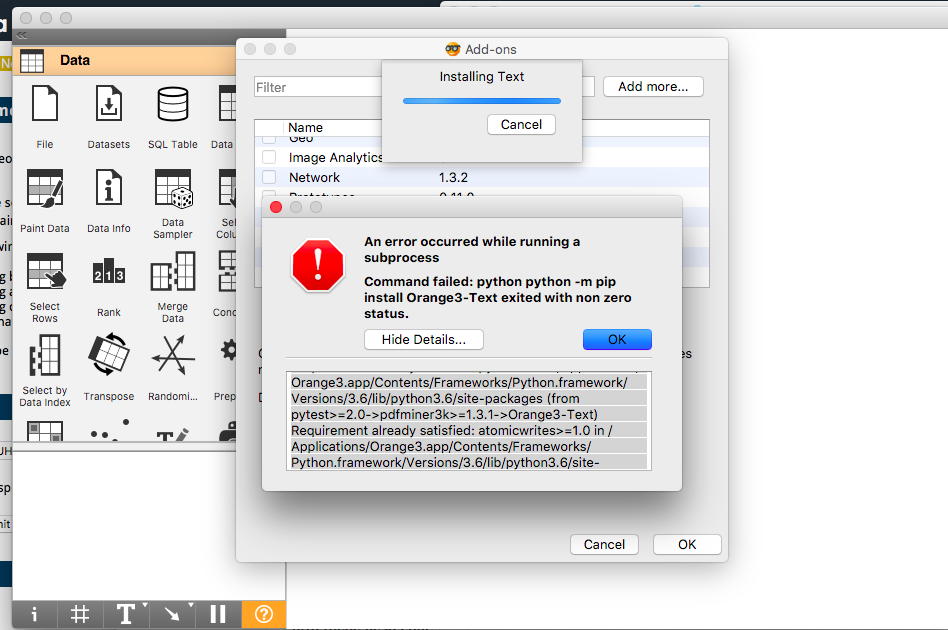 unable to add add-ons (text add-on) · Issue #3268 · biolab/orange3 · GitHub