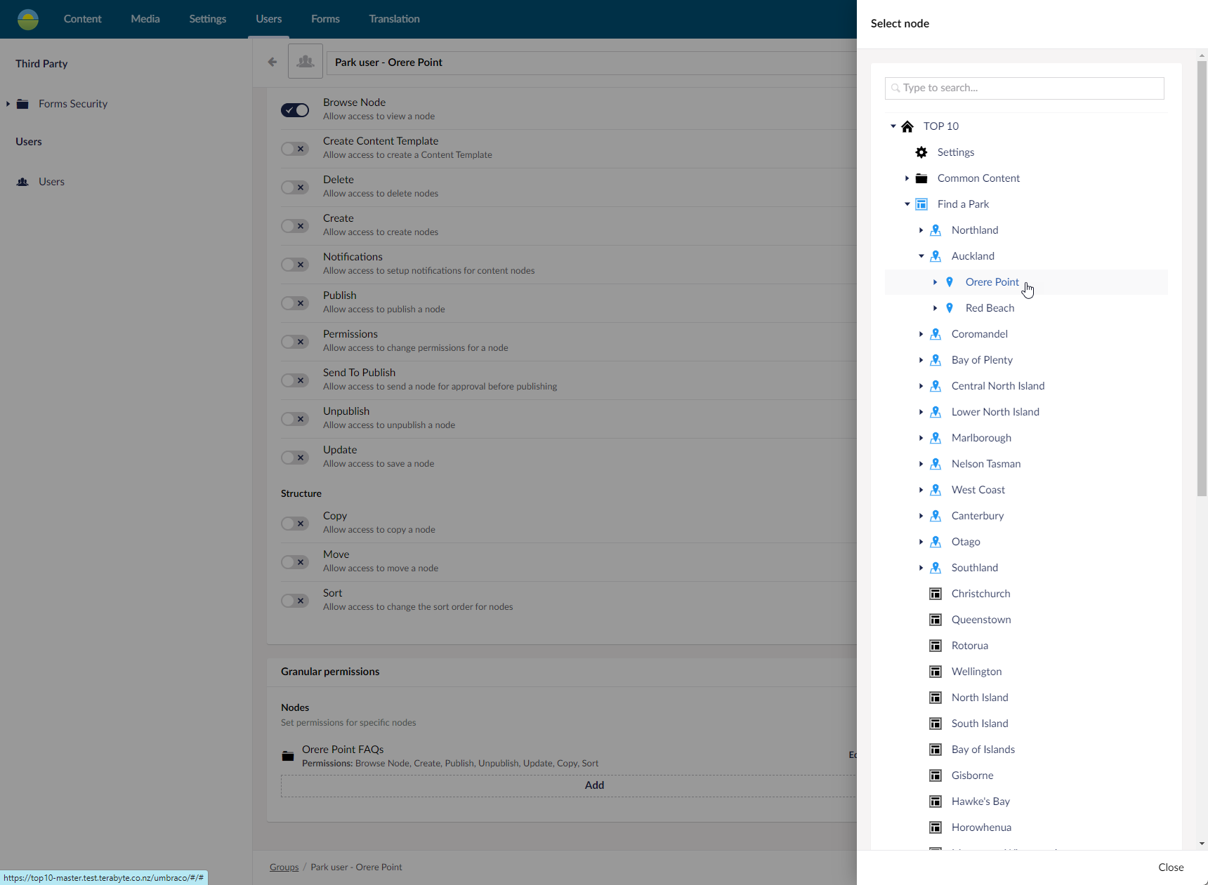 Setting granular user permissions - when searching for a node to set permissions on, selecting ...