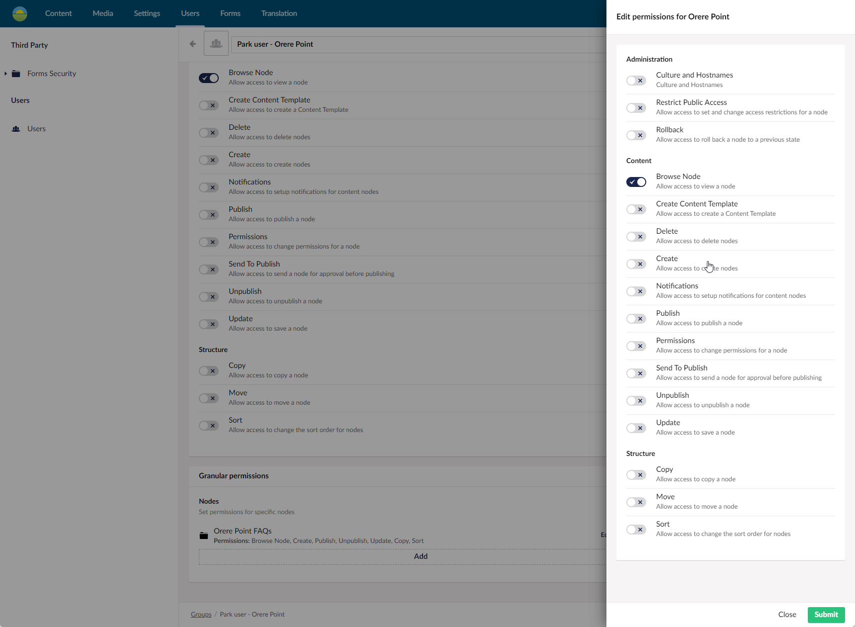Setting granular user permissions - when searching for a node to set permissions on, selecting ...